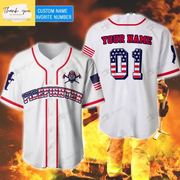 Firefighter USA Flag Personalized Baseball Jersey Shirt Custom Name ...