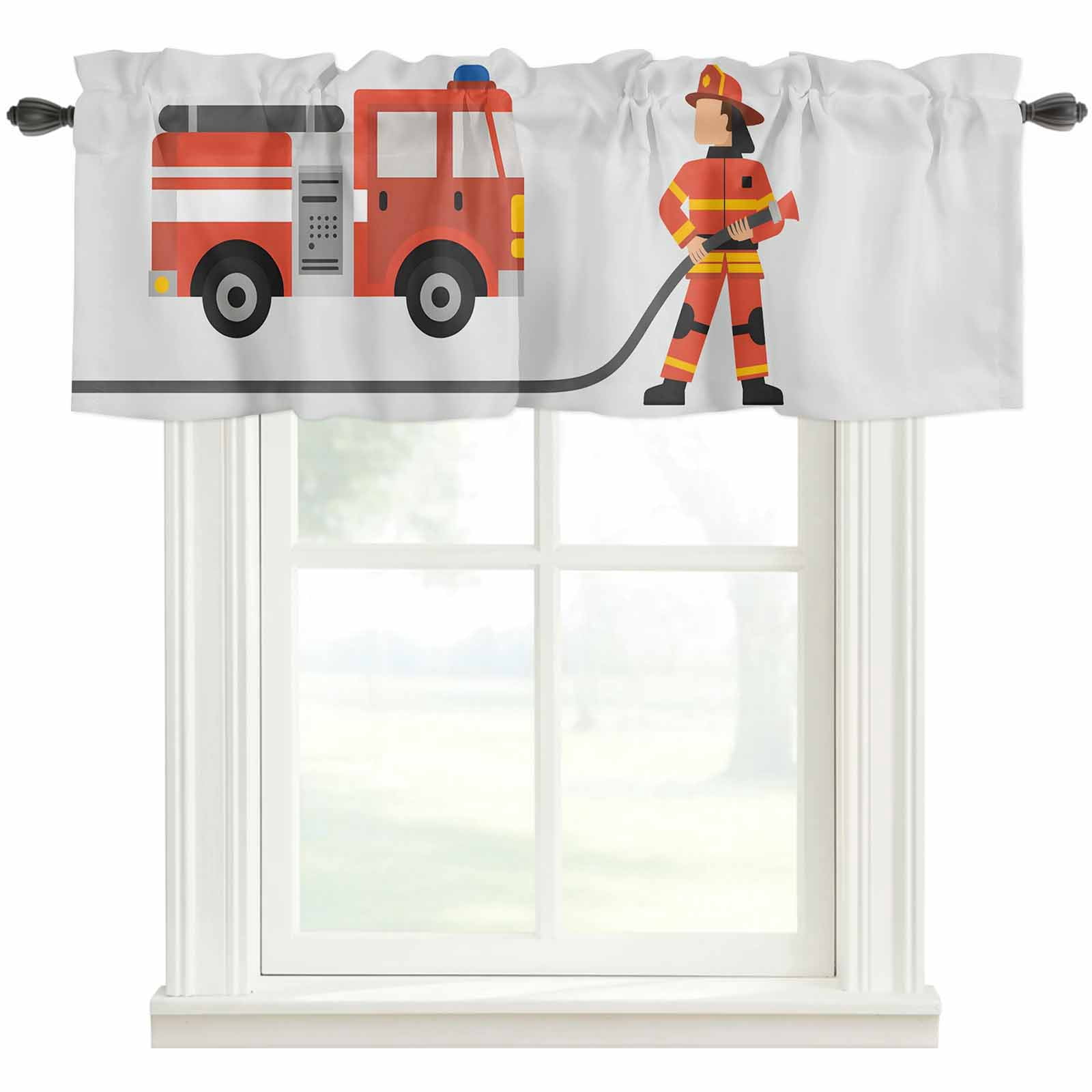Firefighters Rod Pocket Curtain Valance, Cartoon Red Uniform Fire Truck ...