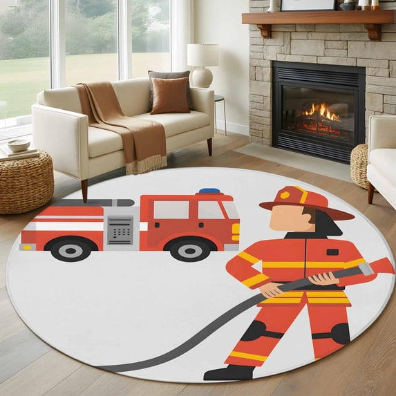 Firefighters Round Rug 8ft Washable Circle Rugs Non Slip Cartoon Red ...
