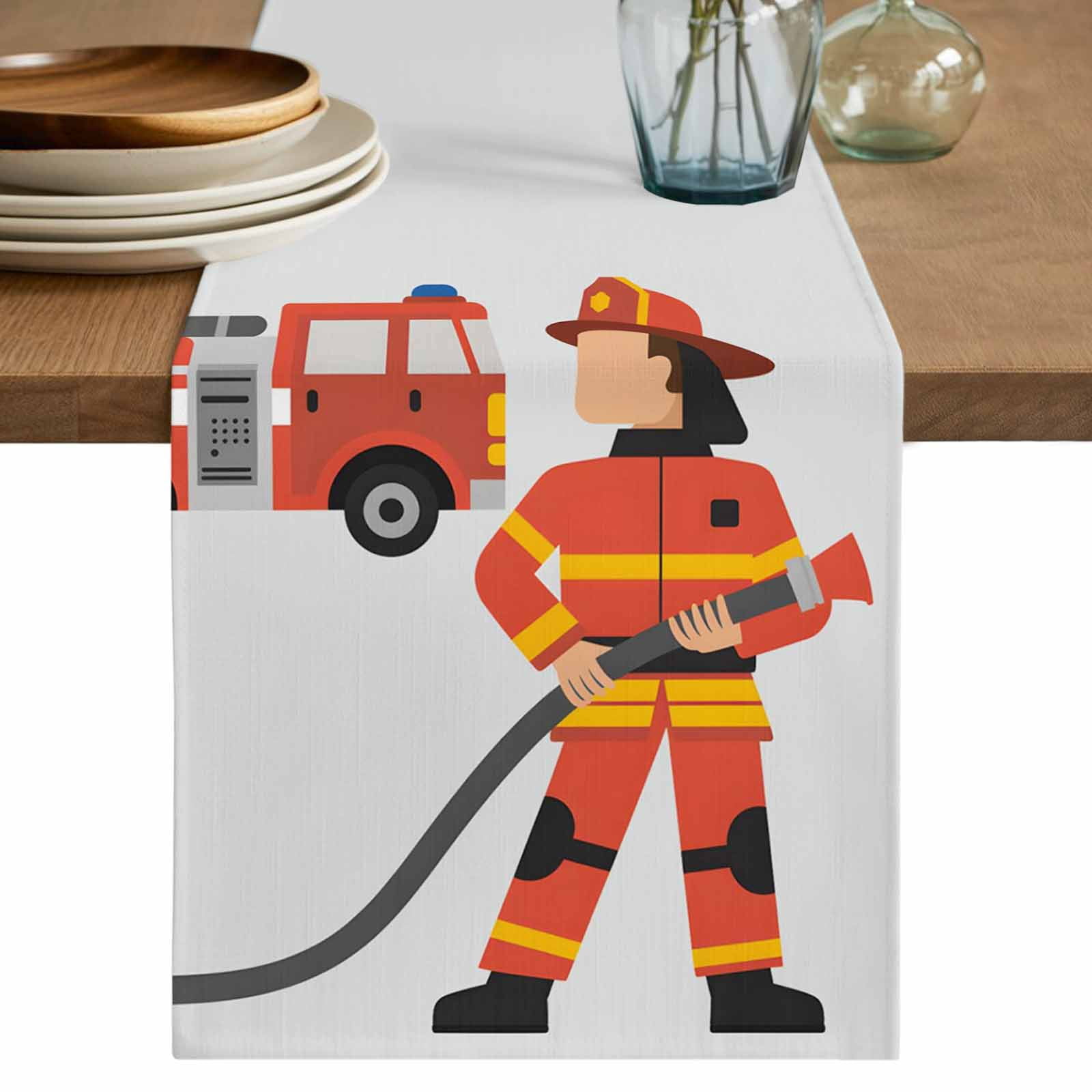 Firefighters Table Runner 72 Inches, Cartoon Red Uniform Fire Truck ...