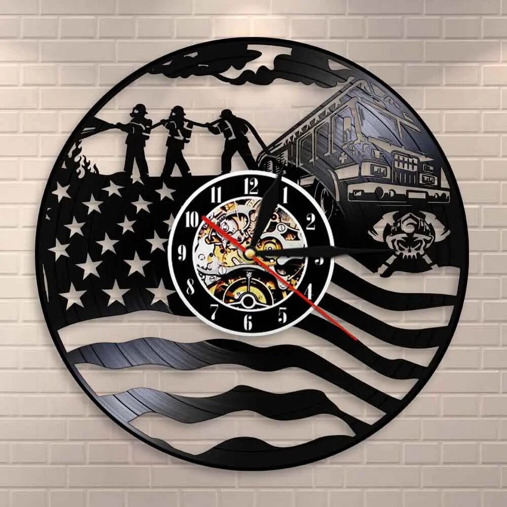 Firefighters Vinyl Wall Clock,Vinyl Record Clock Wall Art Black ...