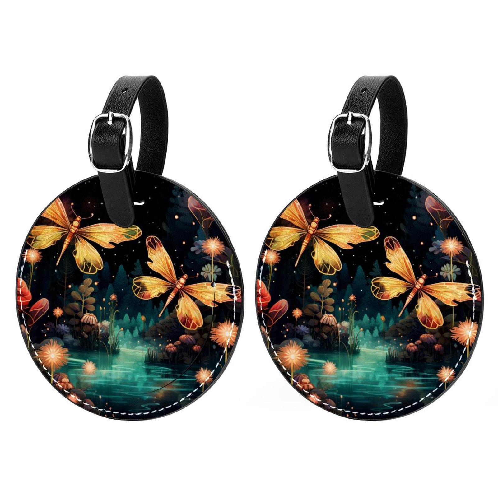 Fireflies 2Pcs PU Leather Round Luggage Tags with Privacy Cover and ...