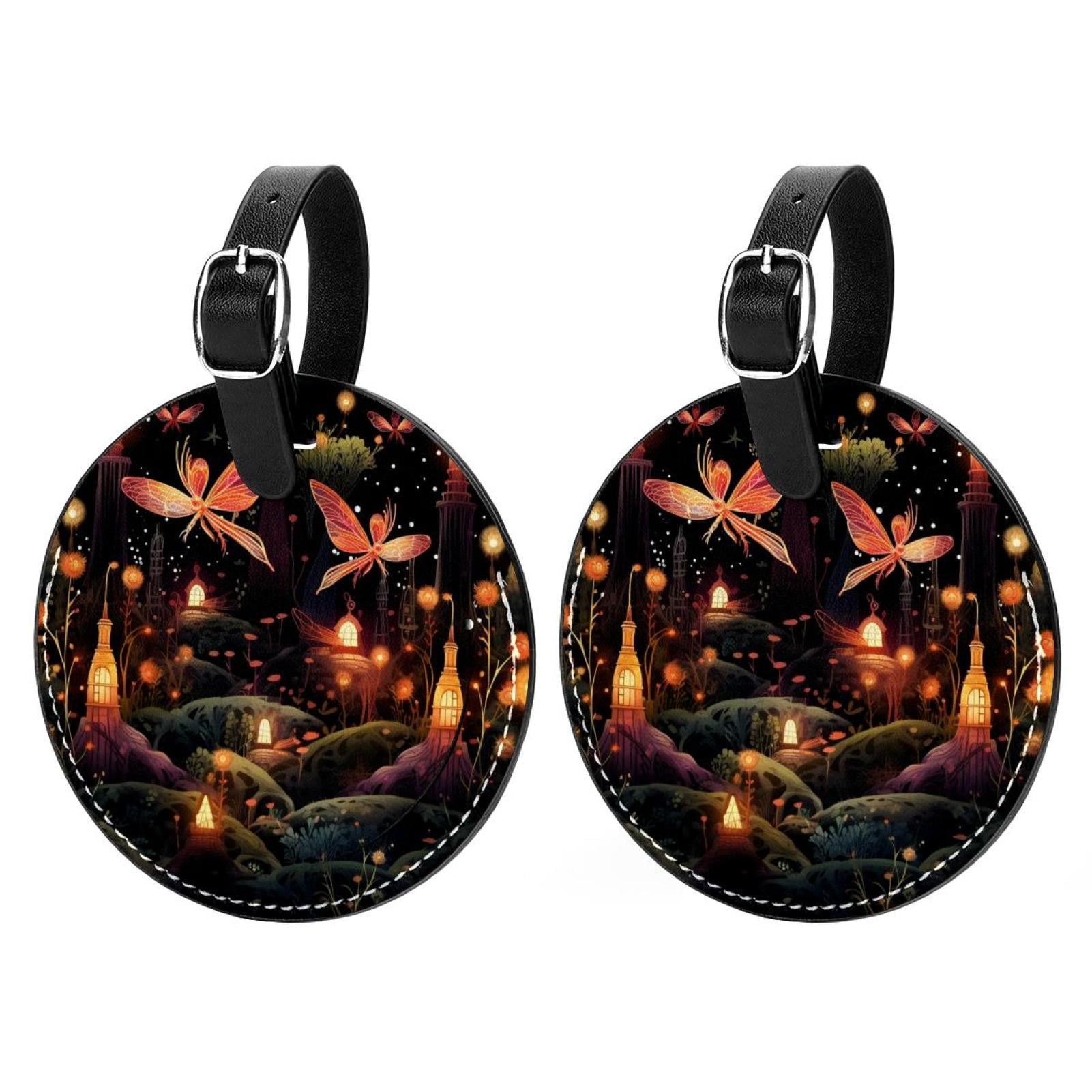 Fireflies Set of 2pcs PU Leather Round Suitcase Tags with Privacy Cover ...