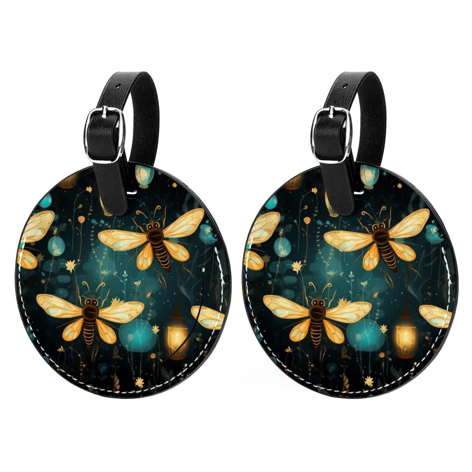 Fireflies Set of 2pcs PU Leather Round Suitcase Tags with Privacy Cover ...