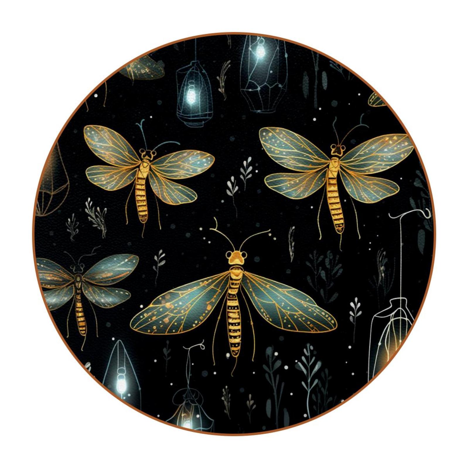 Fireflies Set of 6 Round Microfiber Leather Coasters, 11x11 cm/4.3x4.3 ...