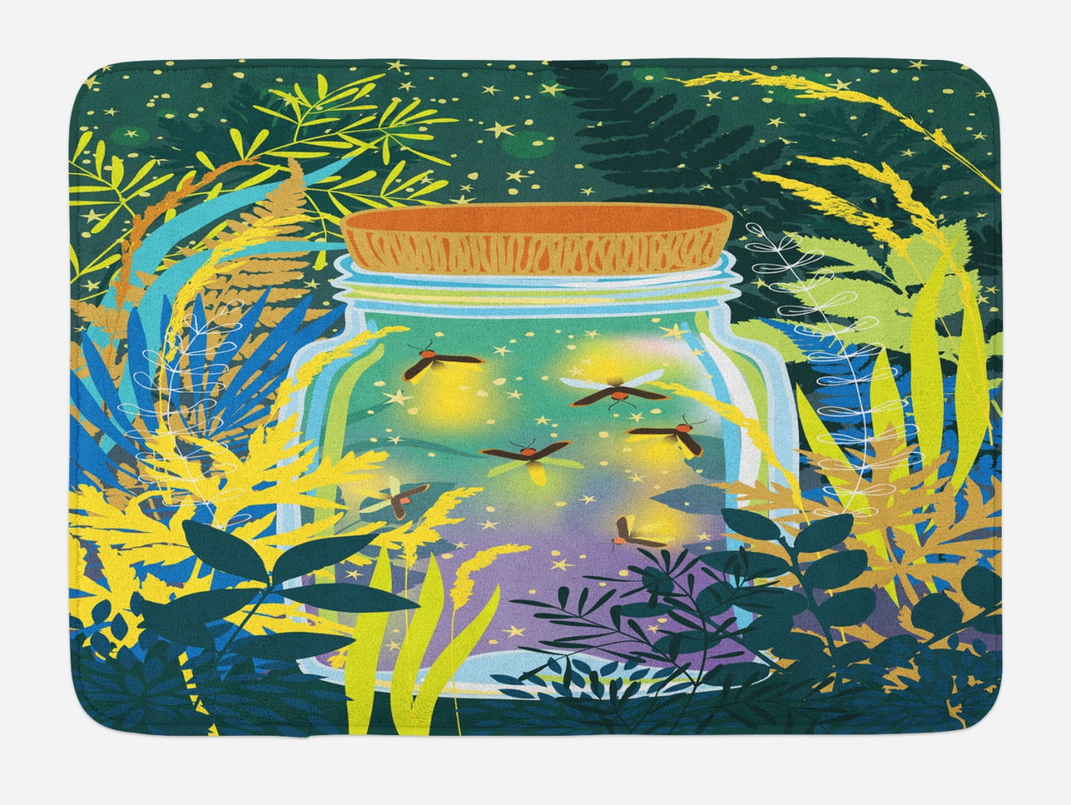 Firefly Bath Mat, Surreal Forest Landscape with Magic Bugs in the Glass ...