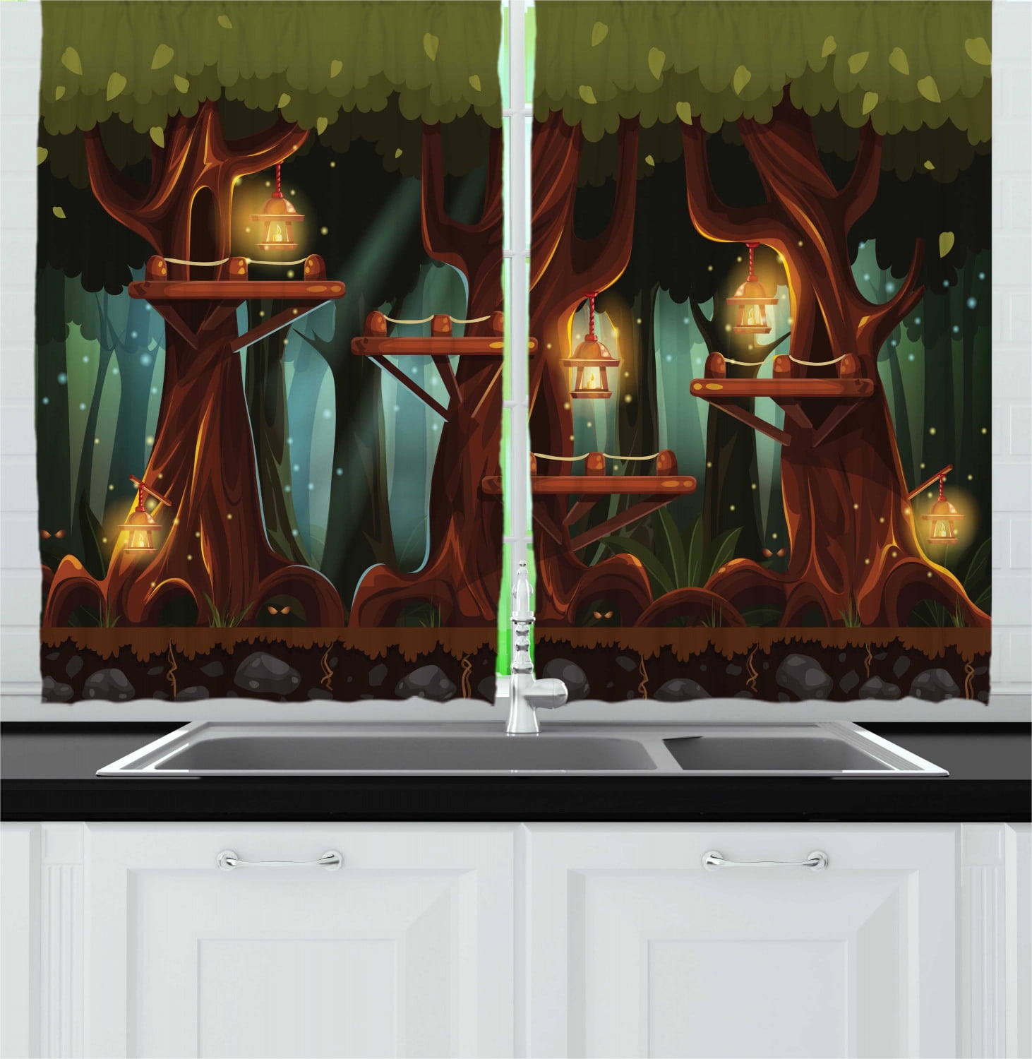 Firefly Curtains 2 Panels Set, Fairy Forest Woodland with Lanterns and ...