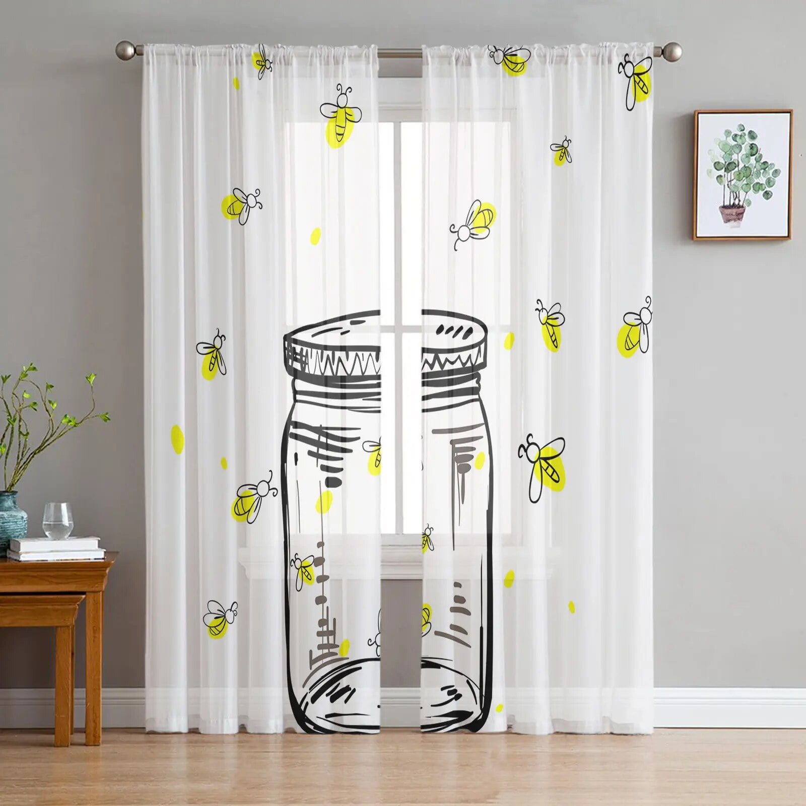 Firefly Jar Yellow Tulle Curtains Balcony Room Fashion Printed Sheer ...