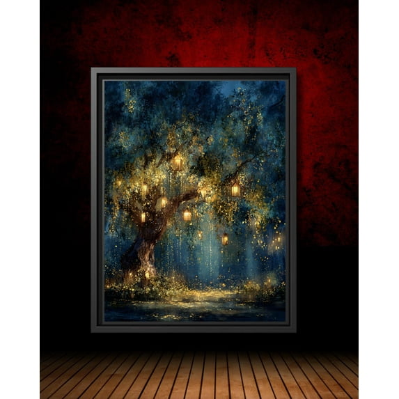 Firefly And Lantern Tree Art Poster Blue Sky At Night Magical Fairy ...
