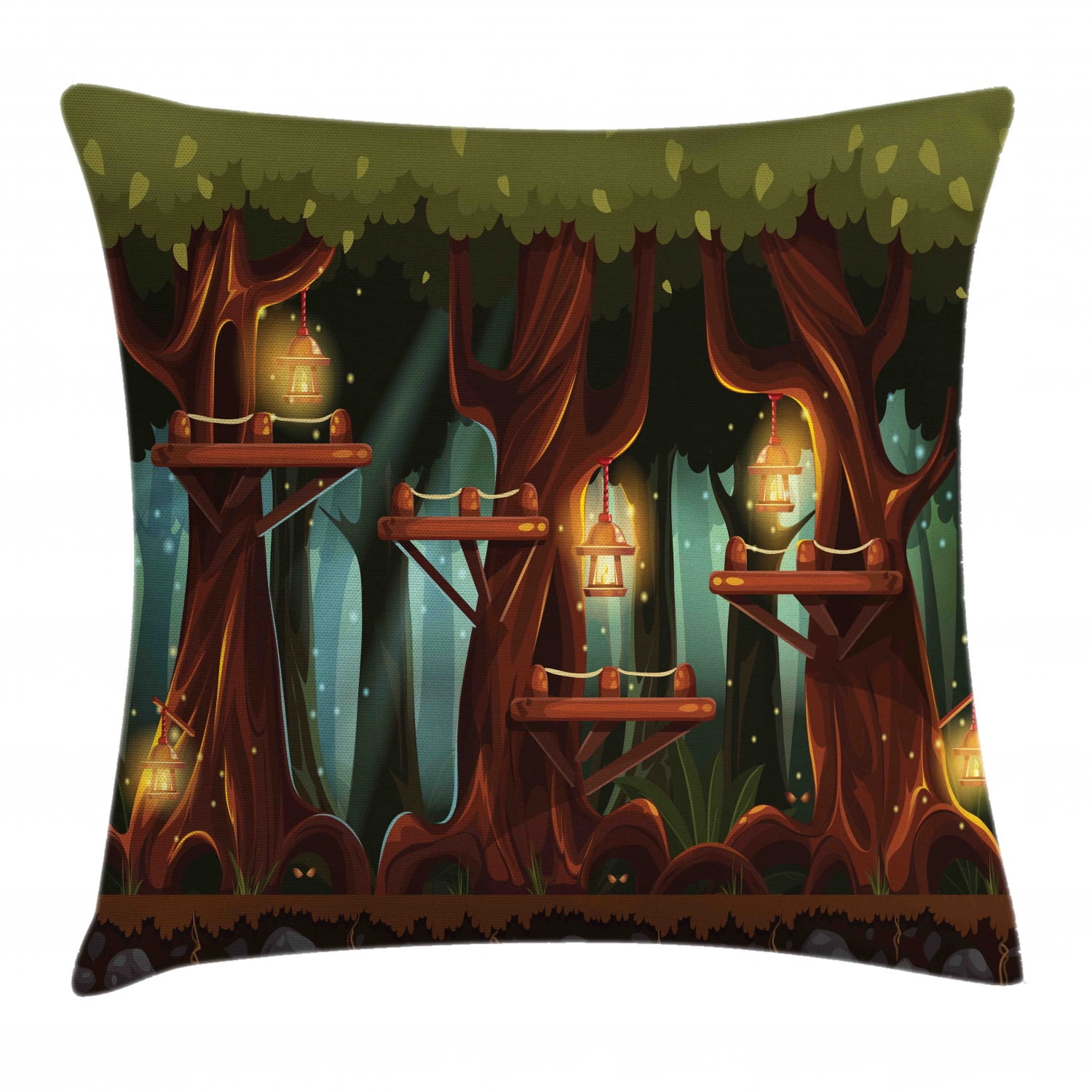 Firefly Throw Pillow Cushion Cover, Fairy Forest Woodland with Lanterns ...