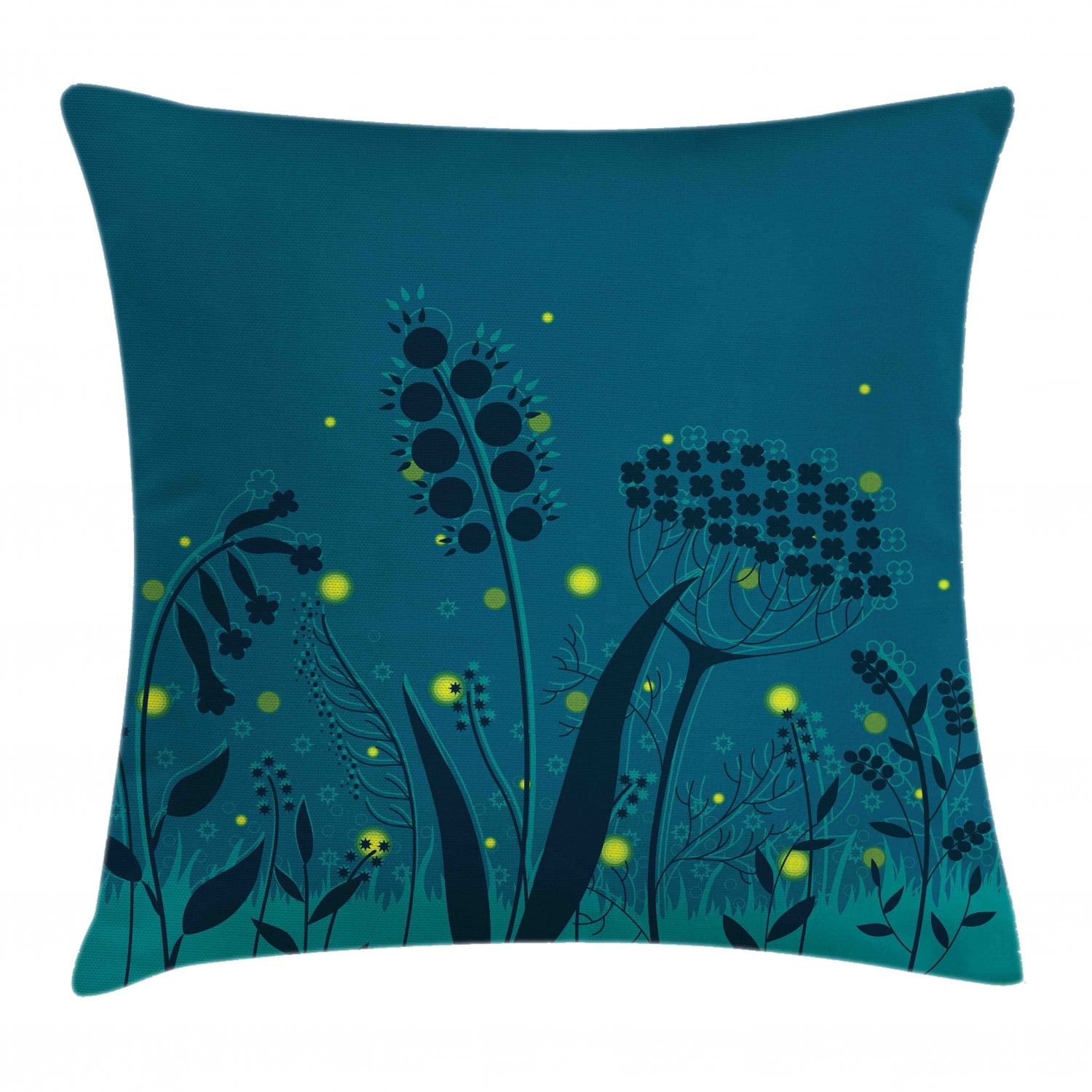 Firefly Throw Pillow Cushion Cover, Summer Night Forest Grass Ferns ...
