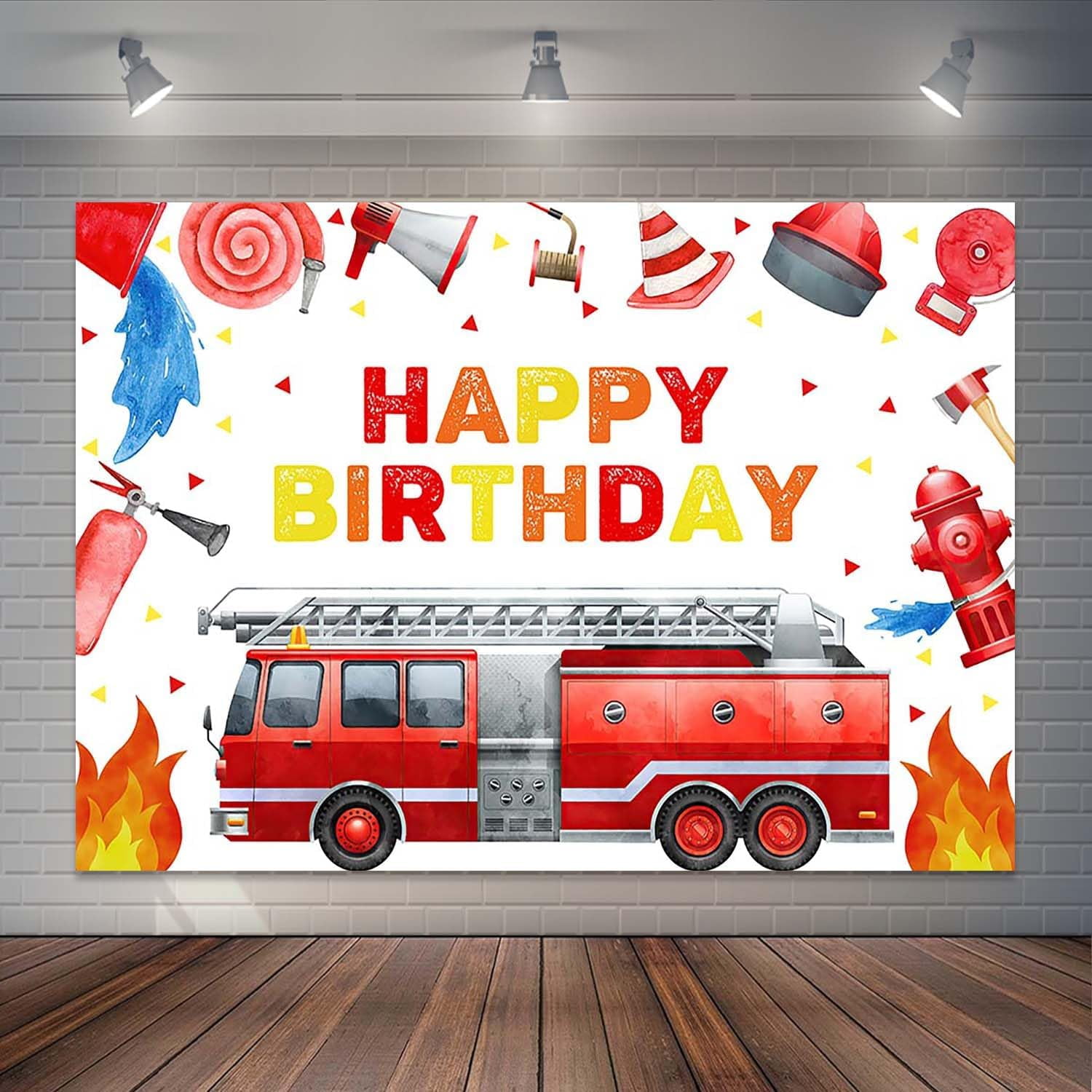 Fireman Birthday Backdrop for Boy Red Firetruck Fire Hydrant Happy ...
