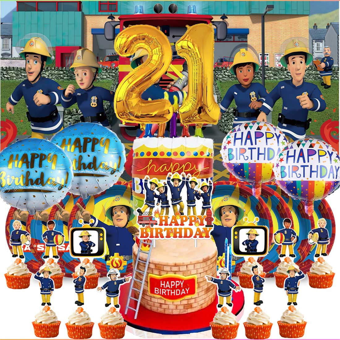 Fireman Sam 21th Tableware Balloons Cake Toppers Backdrop Banner ...