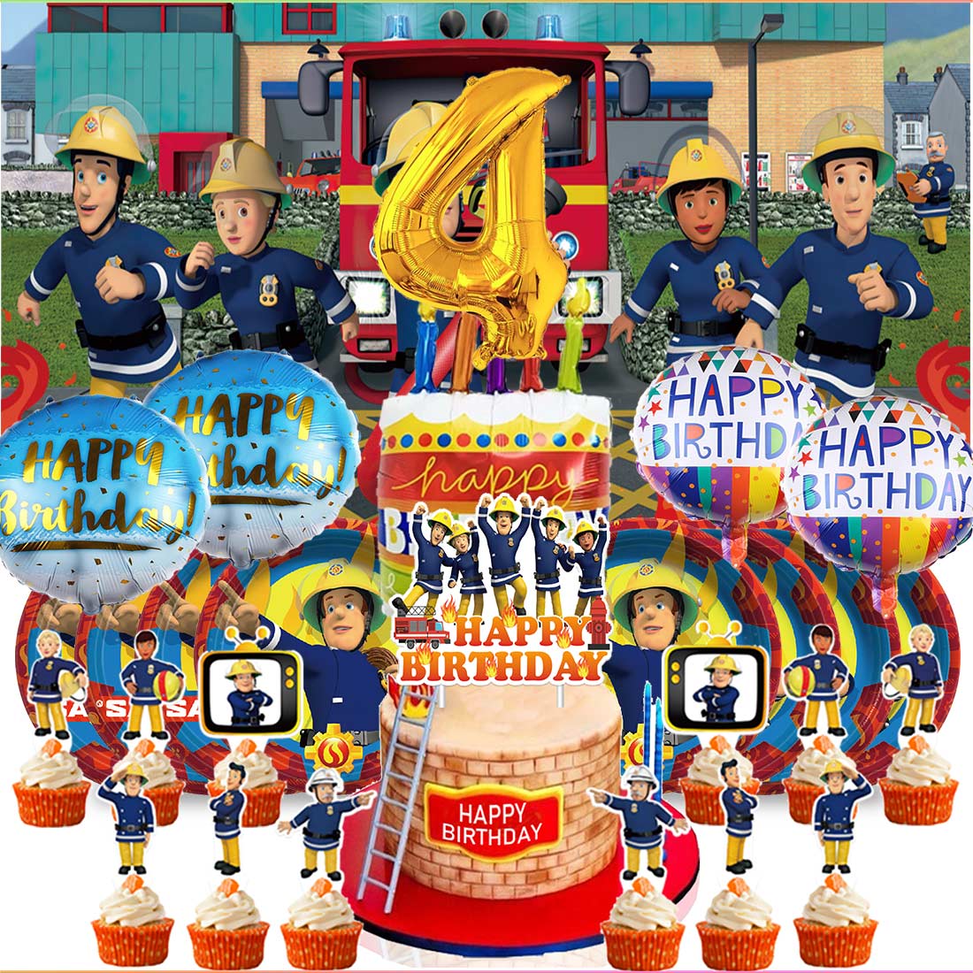 Fireman Sam 4th Tableware Balloons Cake Toppers Backdrop Banner ...