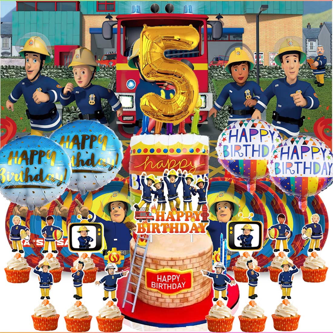 Fireman Sam 5th Tableware Balloons Cake Toppers Backdrop Banner ...