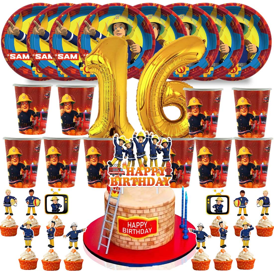 Fireman Sam Birthday 16th Cups Party Supplies Plates Fans Decorations ...