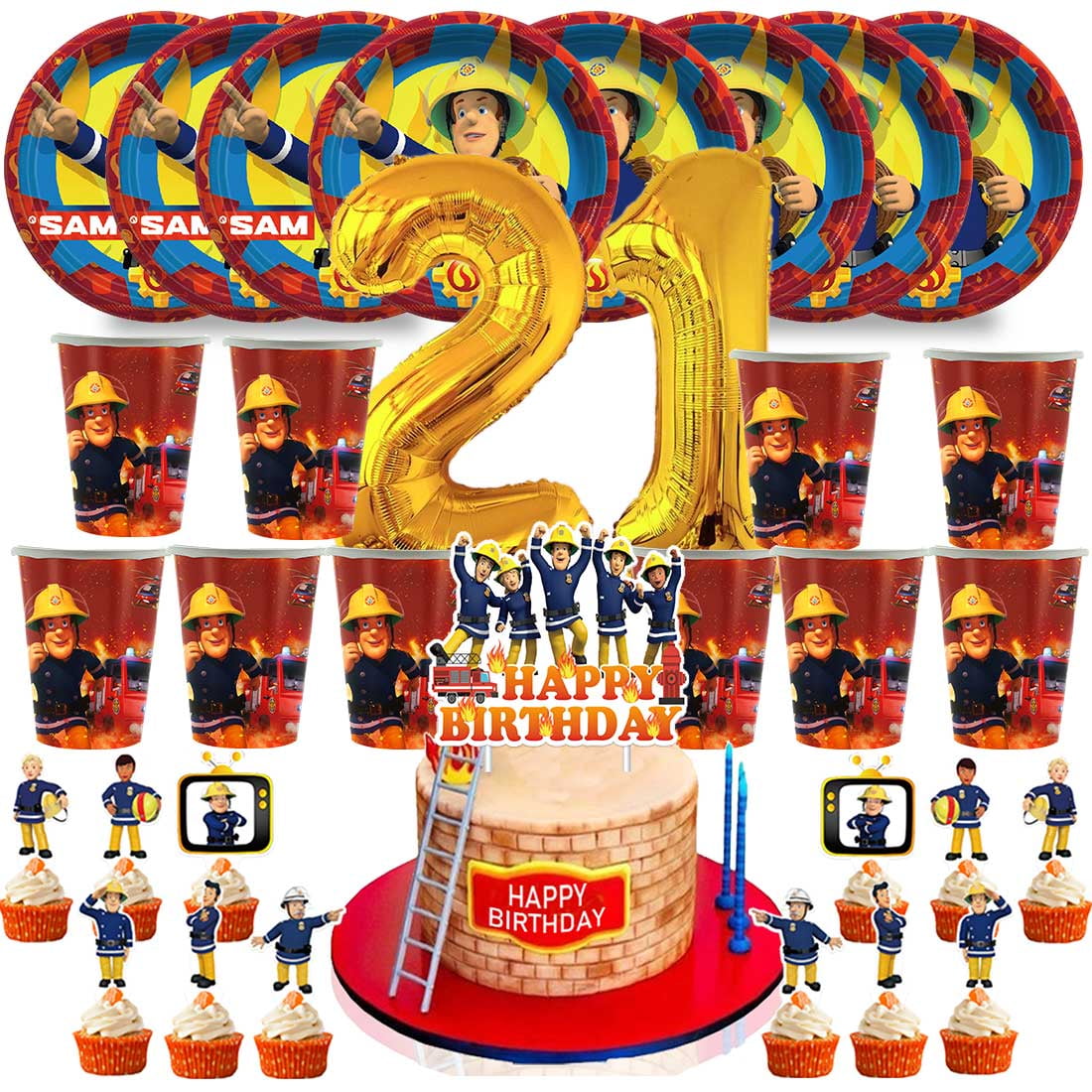 Fireman Sam Birthday 21th Cups Party Supplies Plates Fans Decorations ...