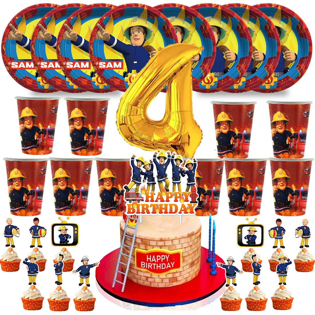 Fireman Sam Birthday 4th Cups Party Supplies Plates Fans Decorations ...