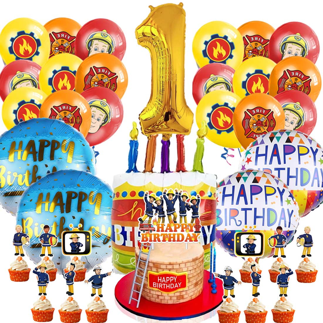 Fireman Sam Party Supplies 1st Decor Kit Balloons Birthday Cake Topper ...