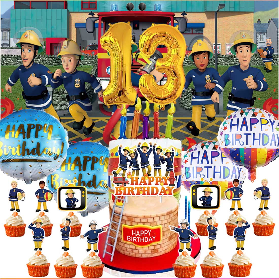Fireman Sam Party Supplies Decor 13th Kit Balloons Birthday Cake Topper ...