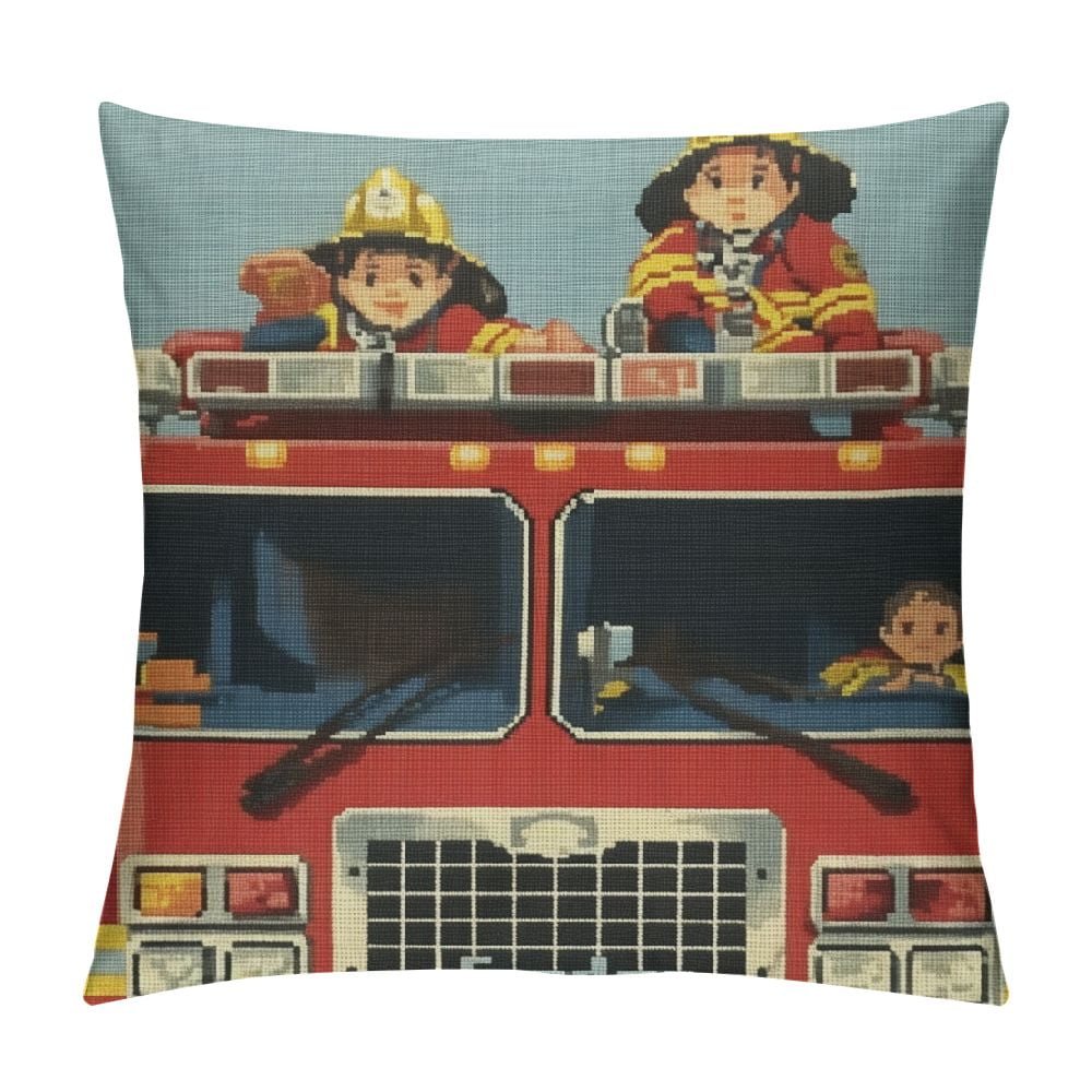 Fireman and Fire Engine Cartoon Firefighter Fire Red Truck Throw Pillow ...