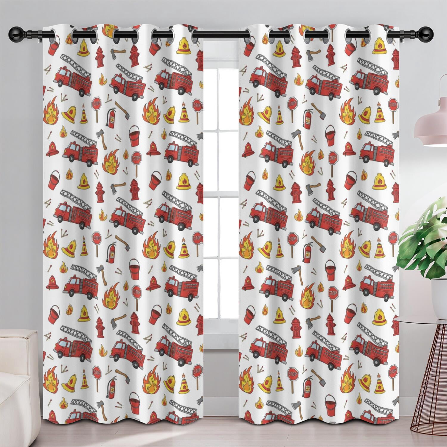 Fireman and Flame White Pattern Blackout Curtains,Triple Weaved Fabric ...