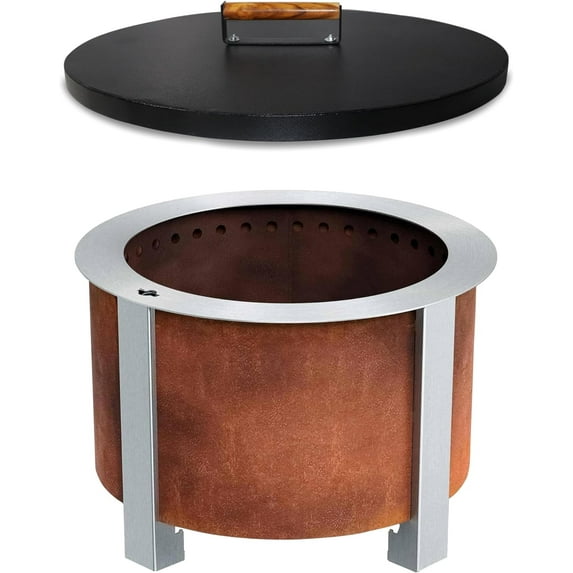 Firepit Snuffer Lid 22.5" - Carbon Steel Round Fire Pit Lid With Wooden ...