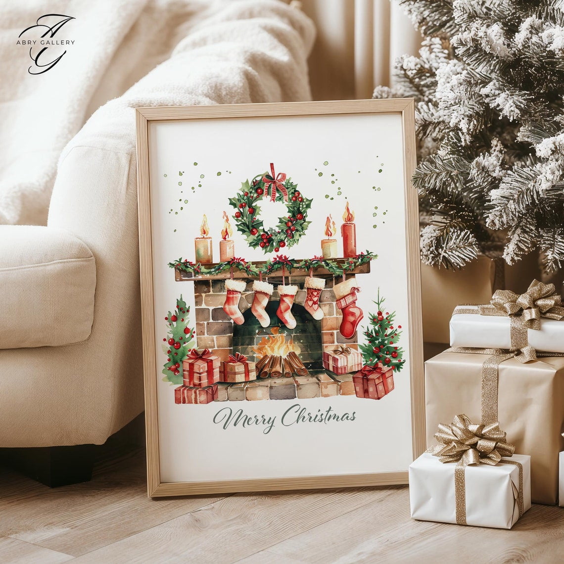 Fireplace Art Poster, Stockings Decor, Unframed Poster Size 12x18 ...