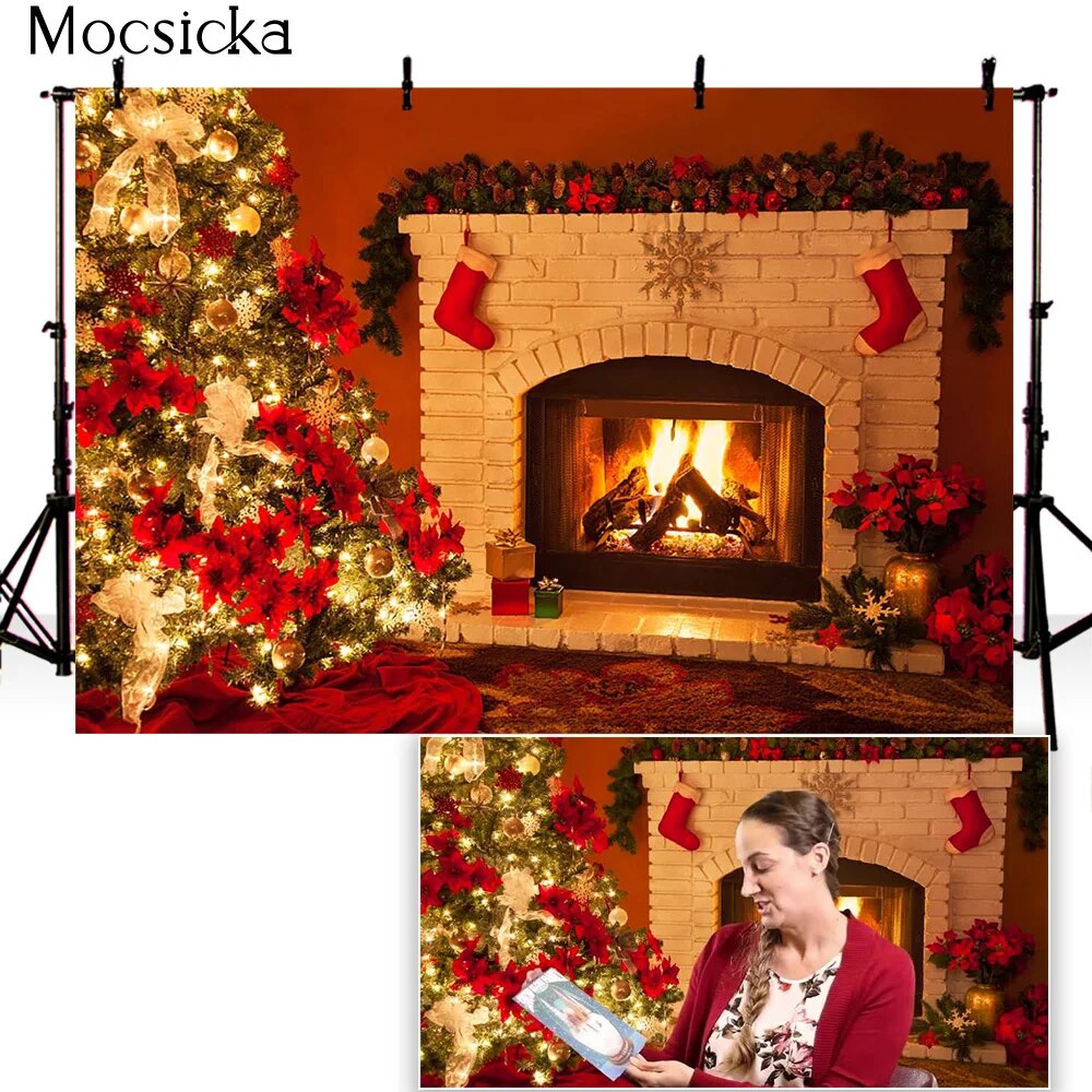 Fireplace Backdrop for Christmas Photography X-mas Tree Glitter Light ...