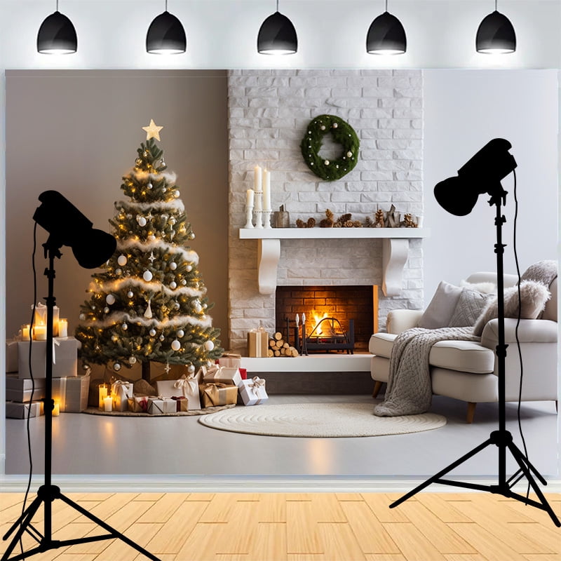 Fireplace Christmas Day Wreach Window Photography Backdrops New Year ...