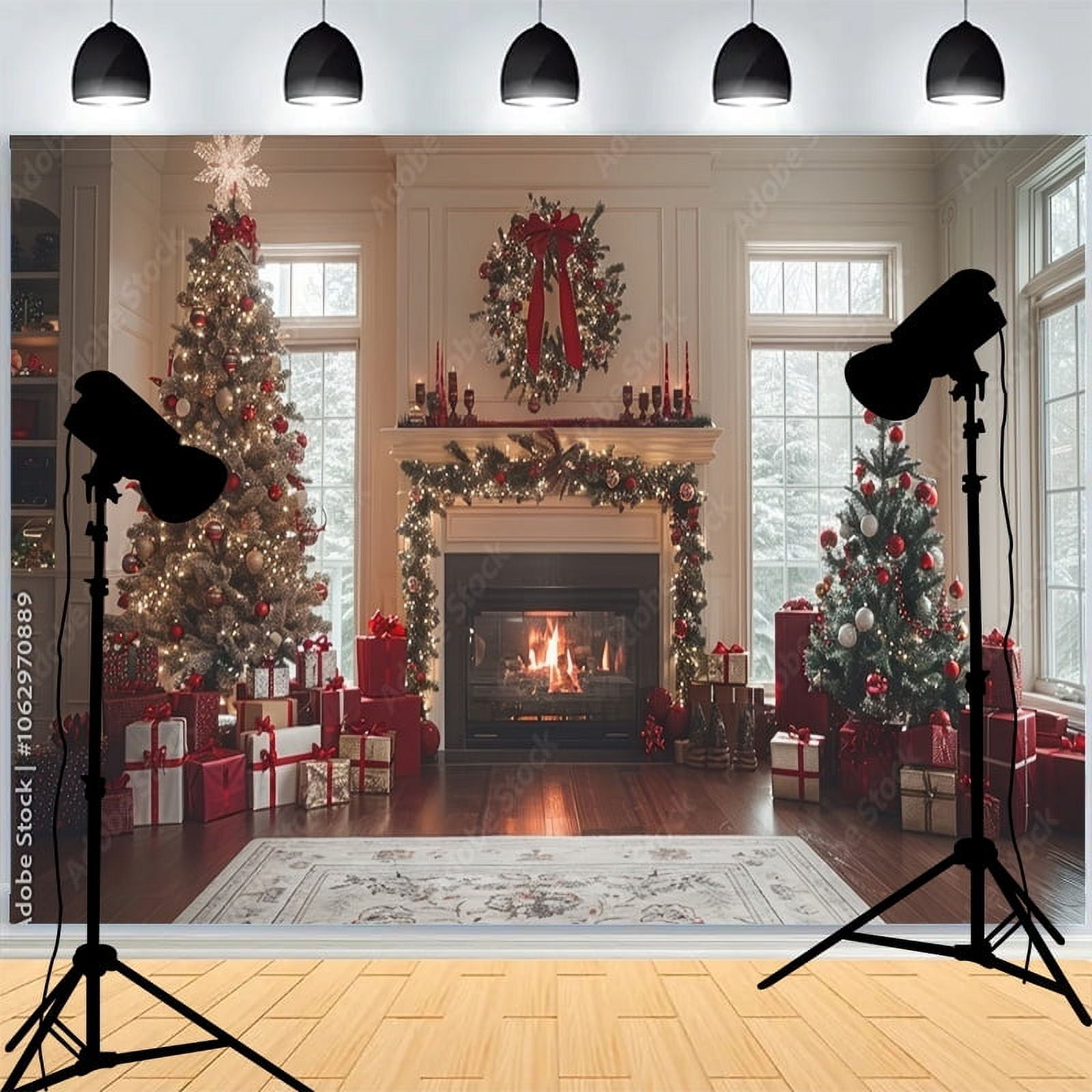 Fireplace Christmas Day Wreach Window Photography Backdrops New Year Living Room Portrait ...