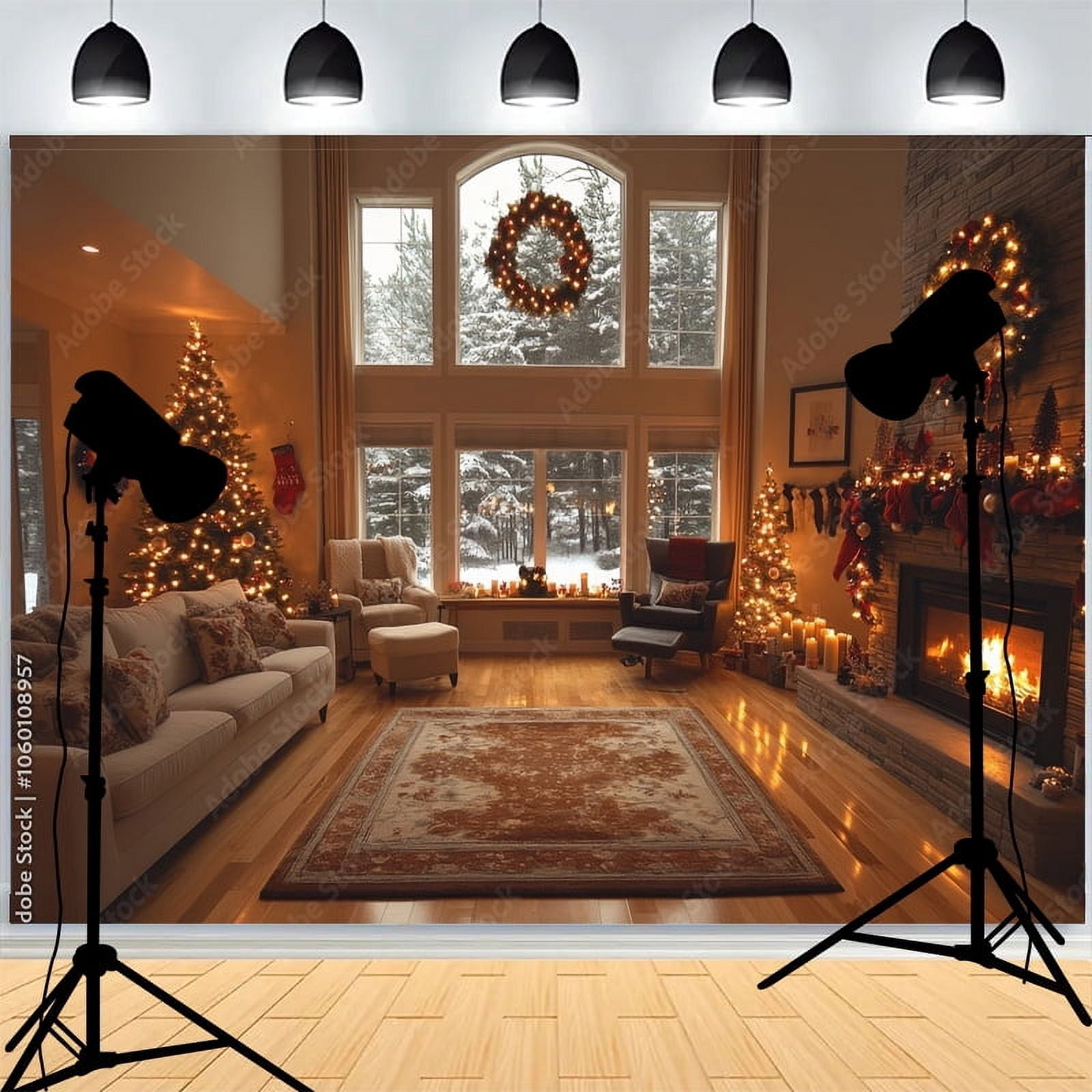 Fireplace Christmas Day Wreach Window Photography Backdrops New Year ...