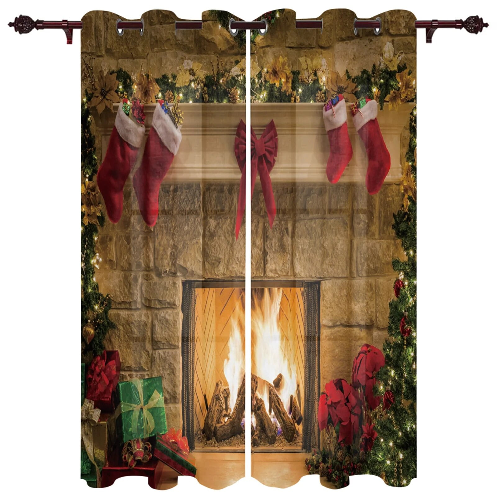 Fireplace Christmas Stockings Fire Window Curtain Living Room European Luxury Curtains Bedroom ...
