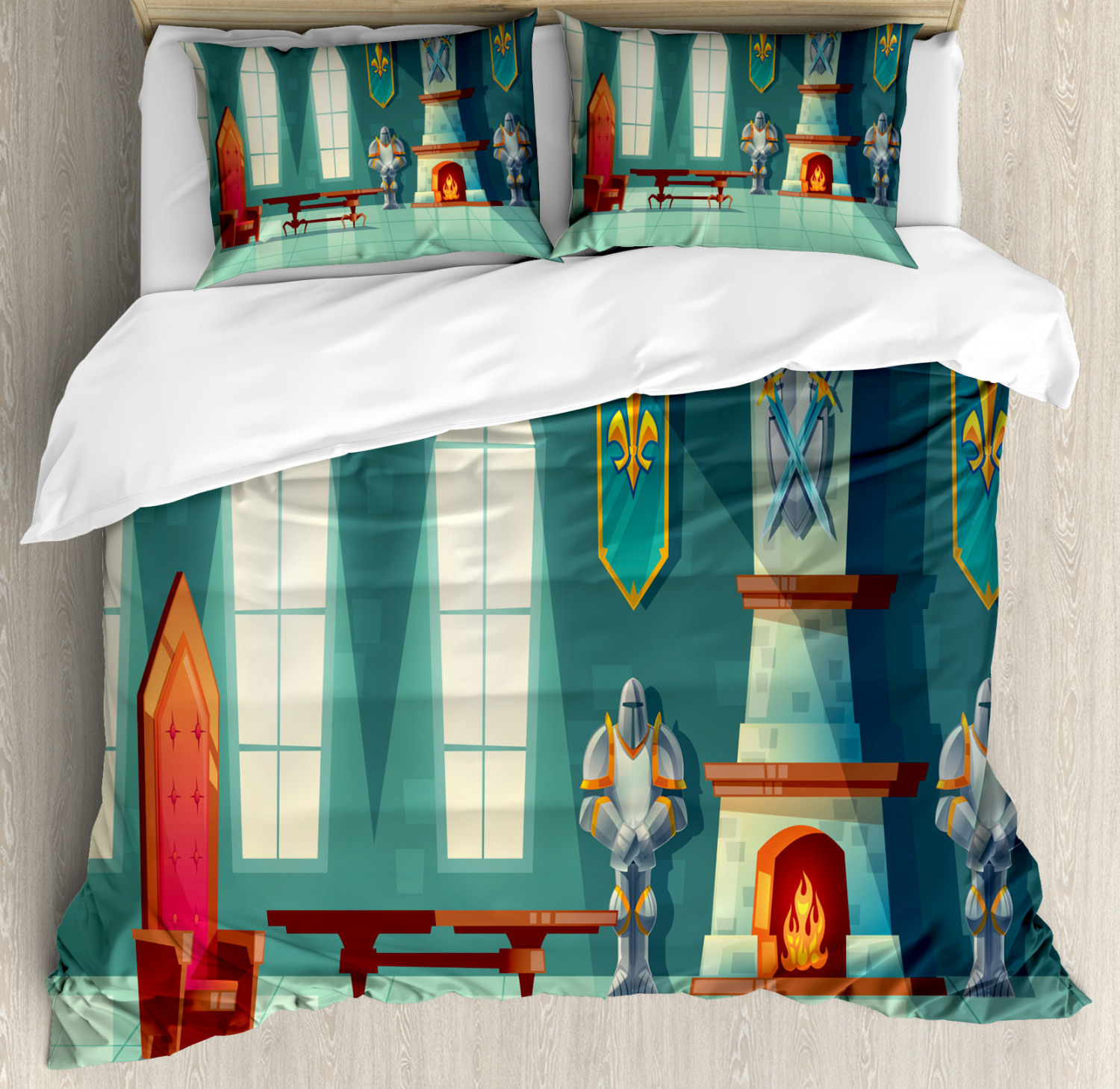 Fireplace Duvet Cover Set King Size, Cartoon of Royal Castle Interior ...