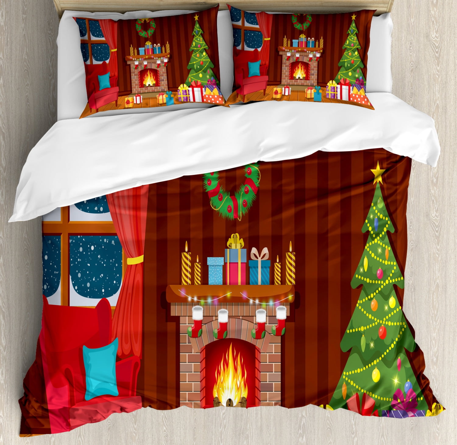 Fireplace Duvet Cover Set King Size, Christmas in Winter Night Festive ...