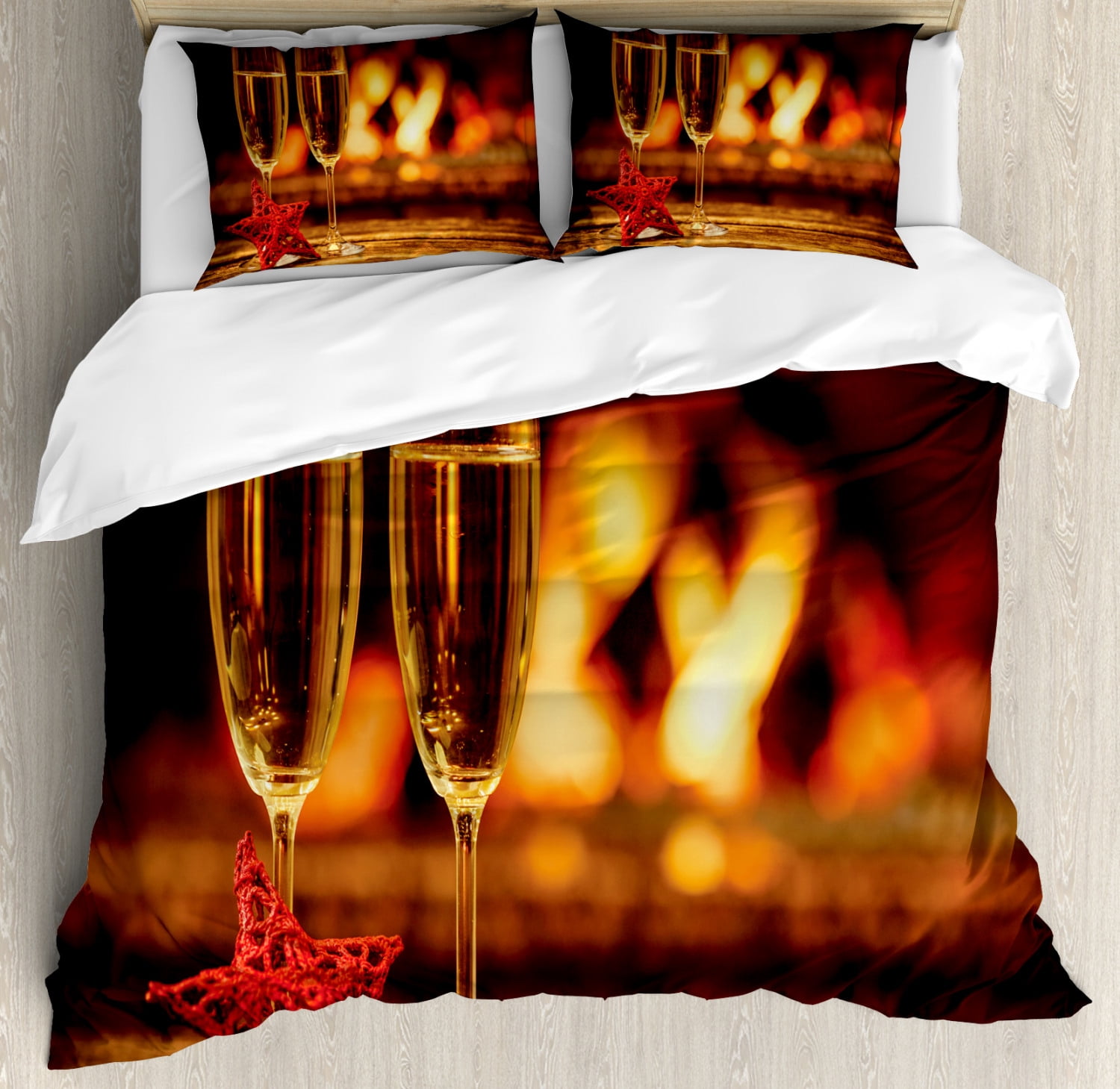 Fireplace Duvet Cover Set King Size, Cozy Romantic Photo with Champagne ...