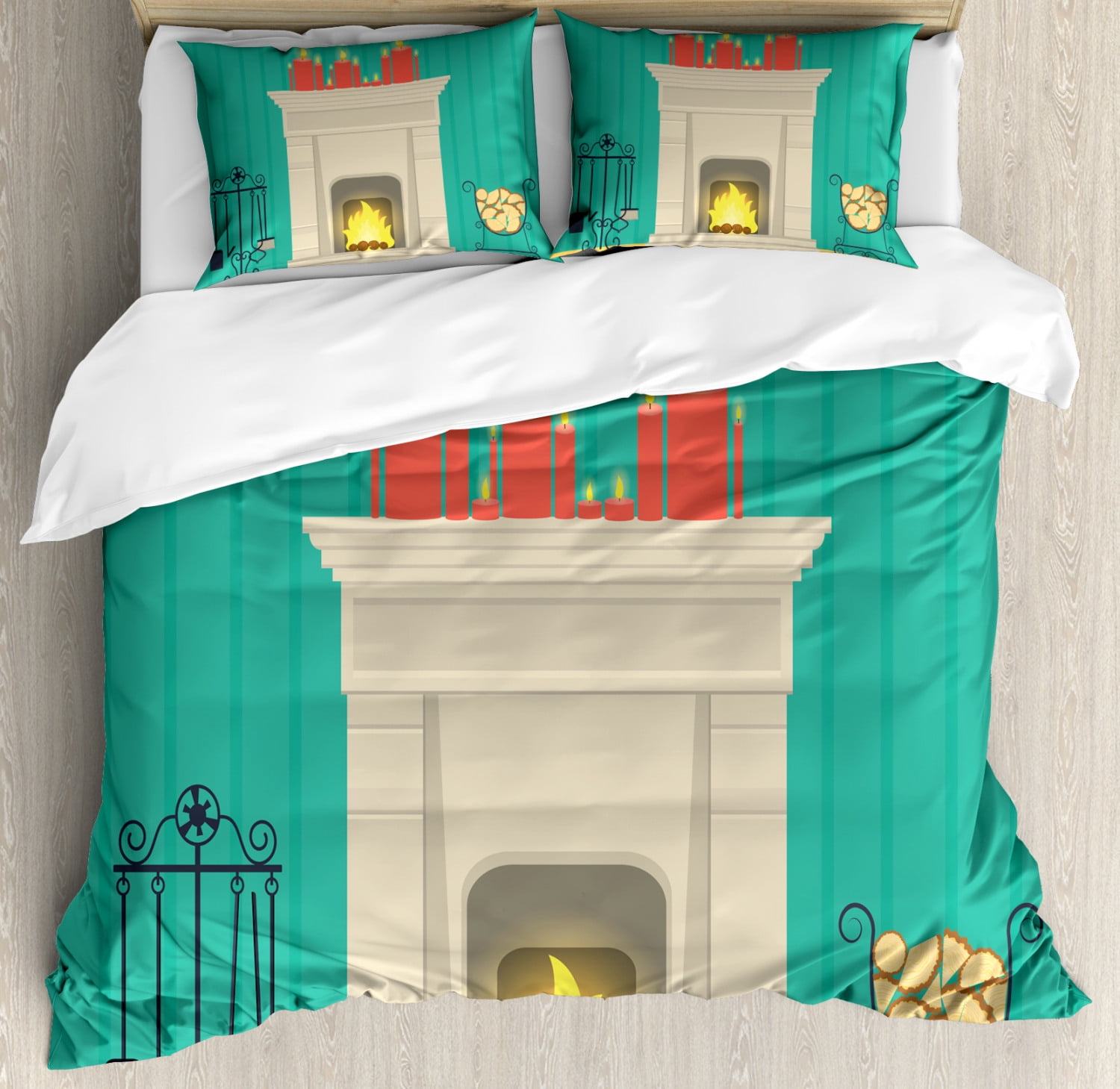Fireplace Duvet Cover Set King Size, Simplistic Classic Look Interior ...