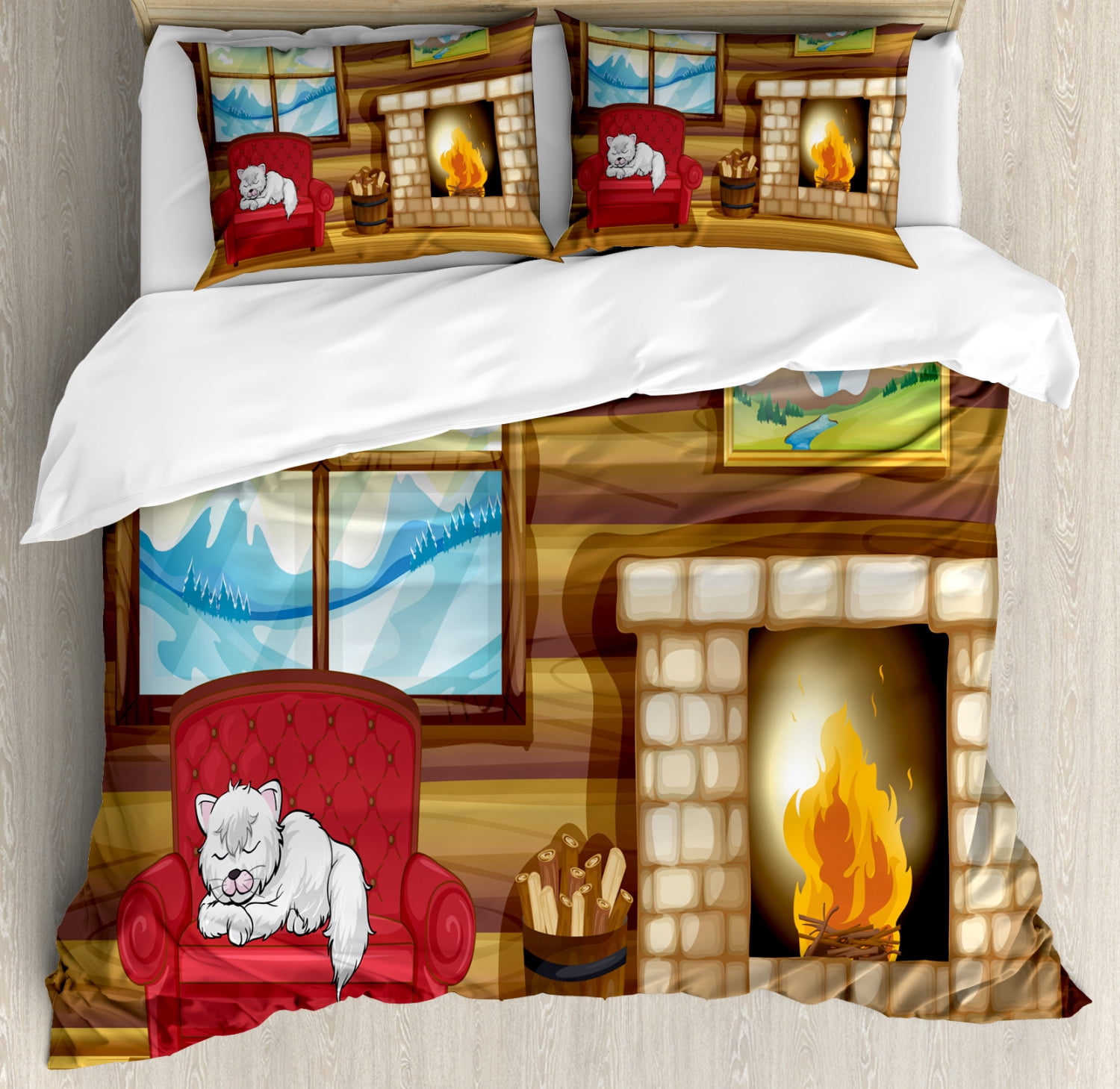 Fireplace Duvet Cover Set Queen Size, Carton Illustration of Rustic ...