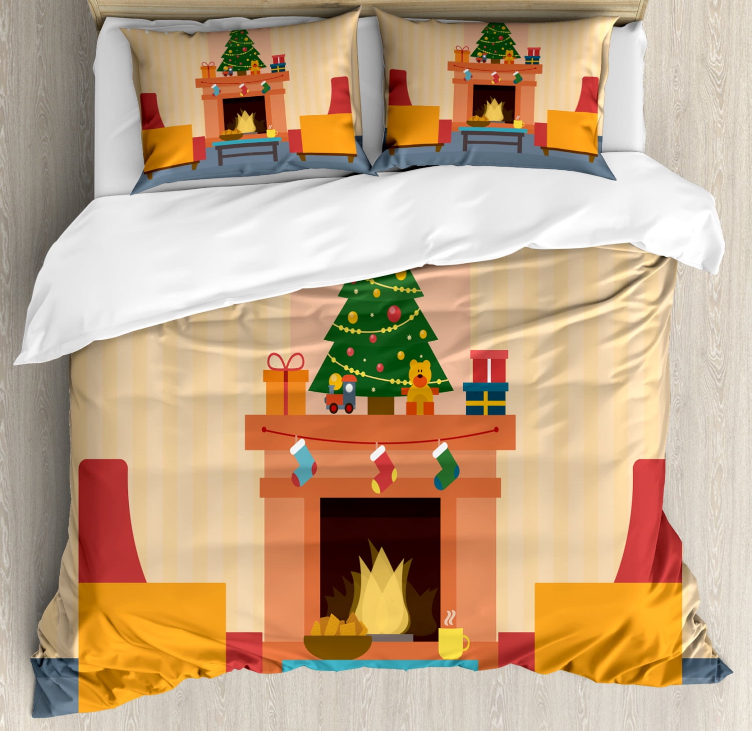 Fireplace Duvet Cover Set Queen Size, Christmas Themed Cartoonish ...
