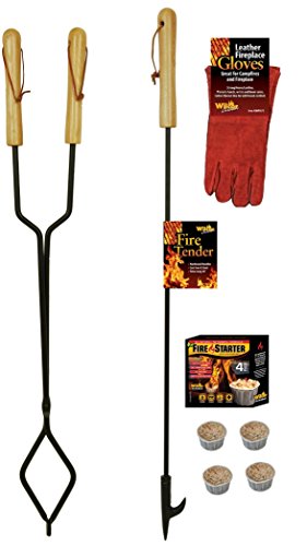 Fireplace Fire Pit Campfire Tool Gift Set – Firetender Tongs Poker Gloves and Firestarters ...