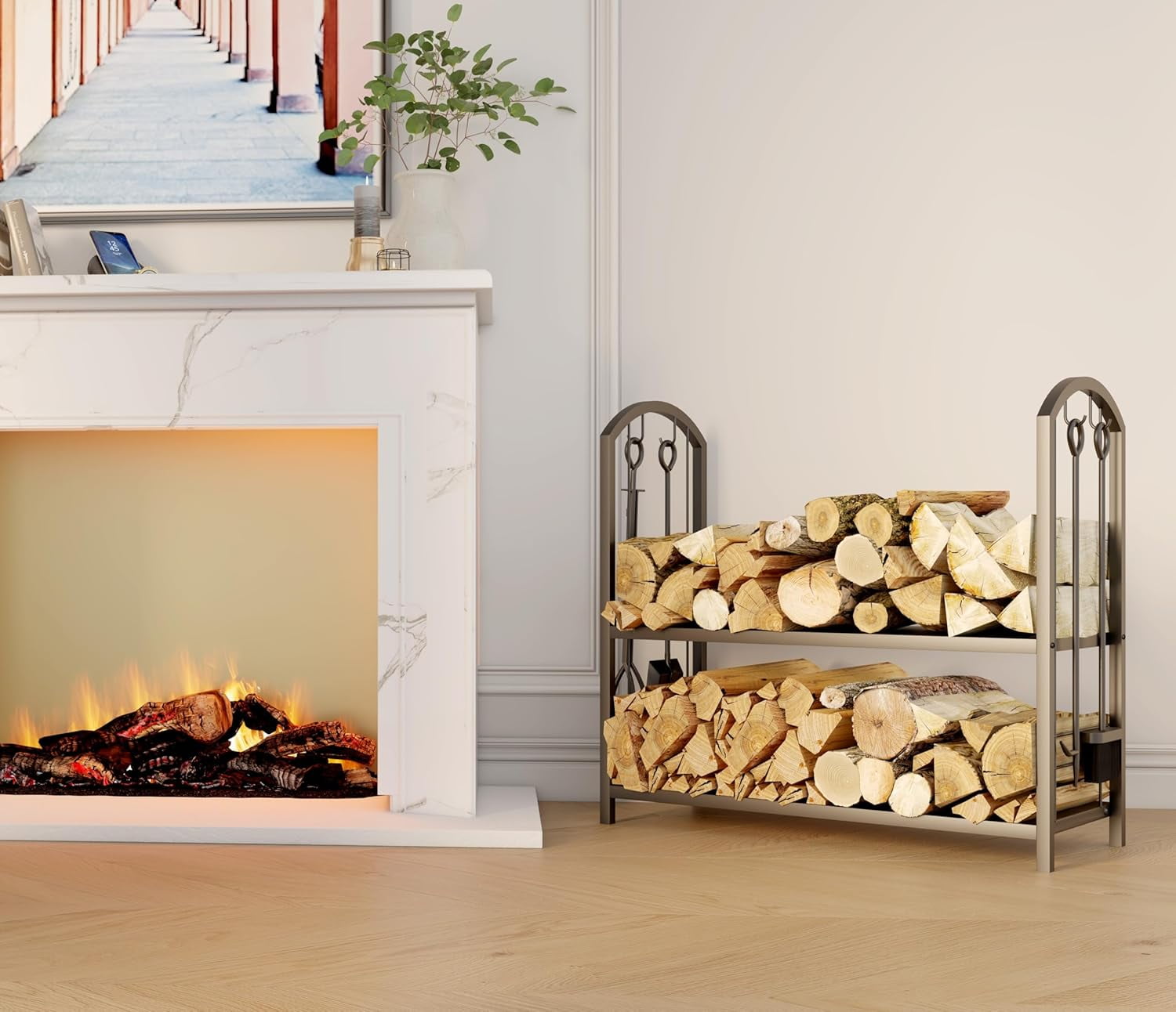 Fireplace Firewood Log Rack 5-Piece Storage Logs Holder with Tools Set ...