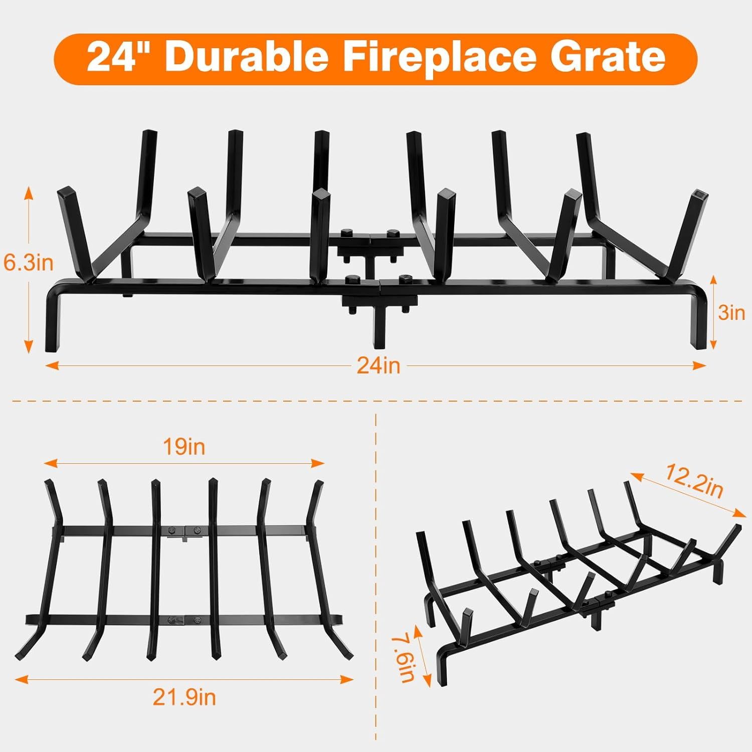 Fireplace Grate 24 inch Heavy Duty Fireplace Log Holder, 1/2" Solid ...