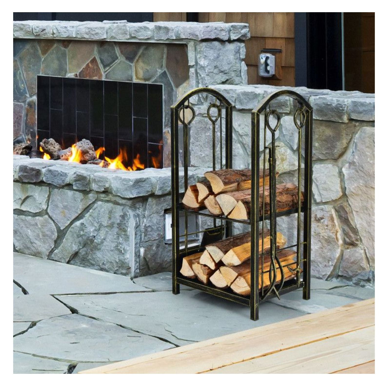 Fireplace Log Rack with Tools - Heavy Duty Wrought Iron Firewood Holder ...