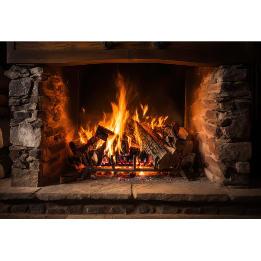 Fireplace Photo Backdrop Burning Fire Gray White Brick Wall Poster ...