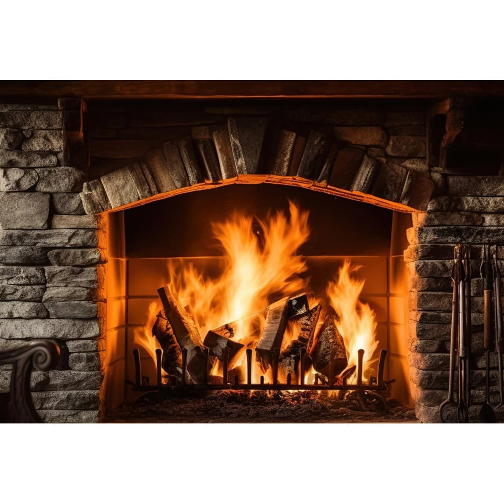 Fireplace Photo Backdrop Burning Fire Gray White Brick Wall Poster ...