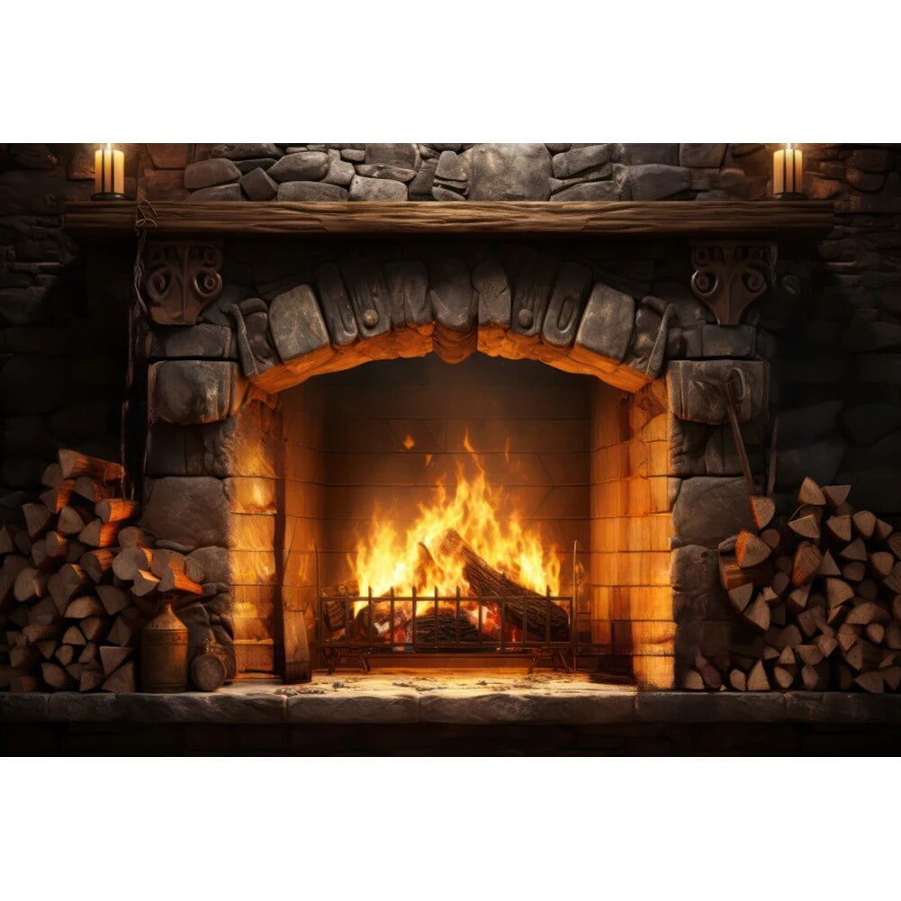 Fireplace Photo Backdrop Burning Fire Gray White Brick Wall Poster ...