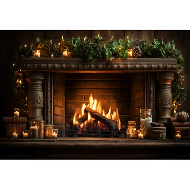 Fireplace Photo Backdrop Burning Fire Gray White Brick Wall Poster ...