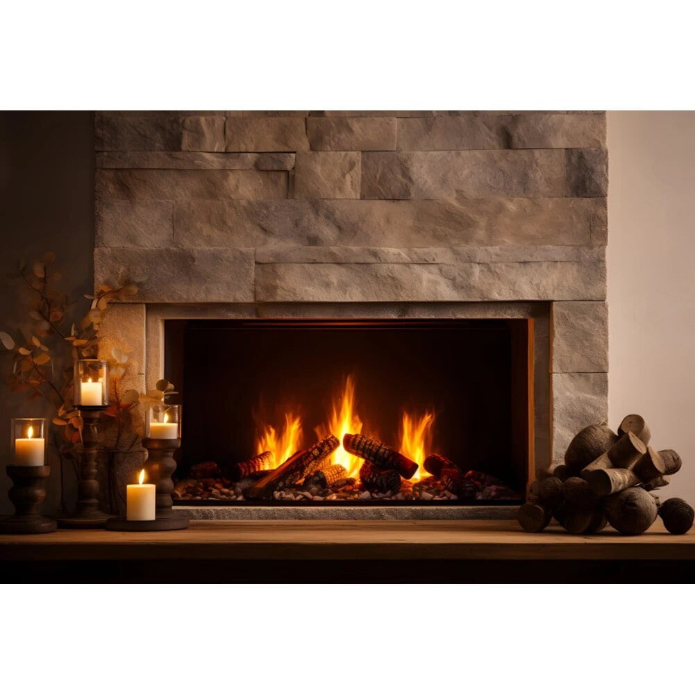 Fireplace Photo Backdrop Burning Fire Gray White Brick Wall Poster ...