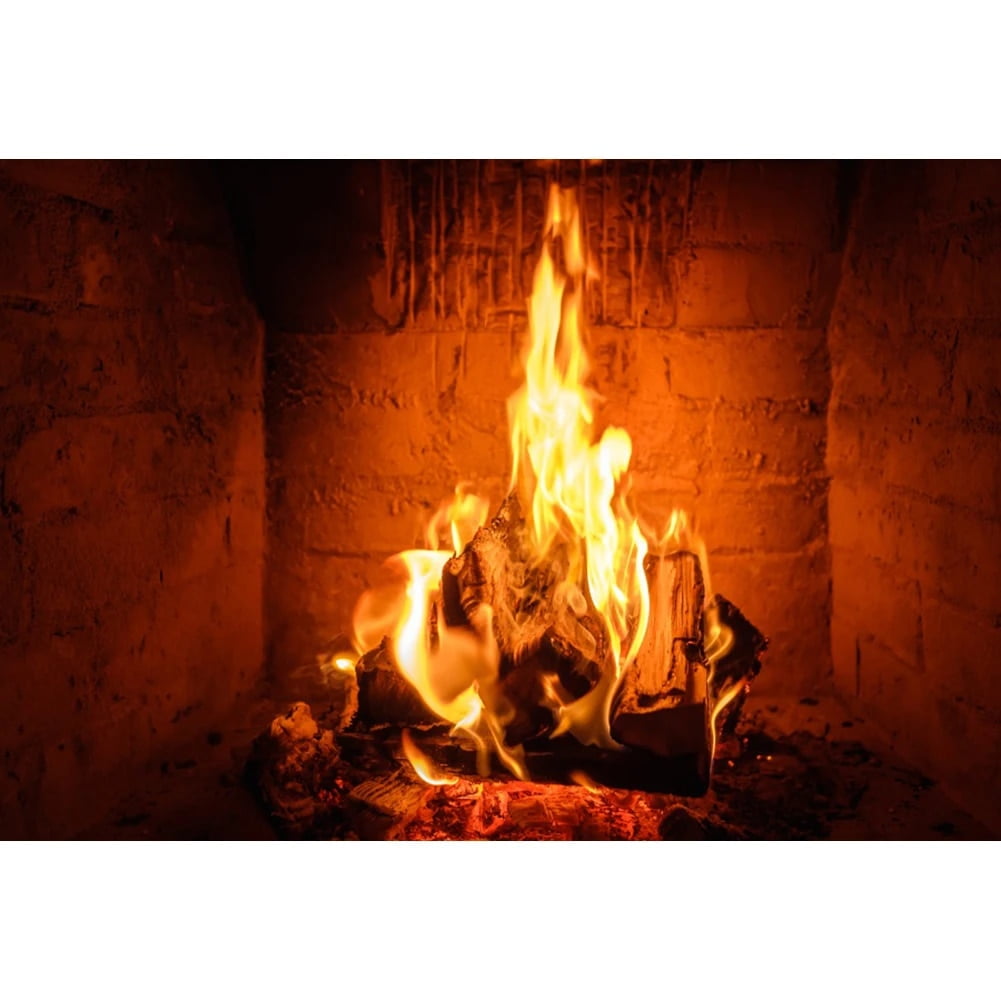 Fireplace Photo Backdrop Burning Fire Gray White Brick Wall Poster ...