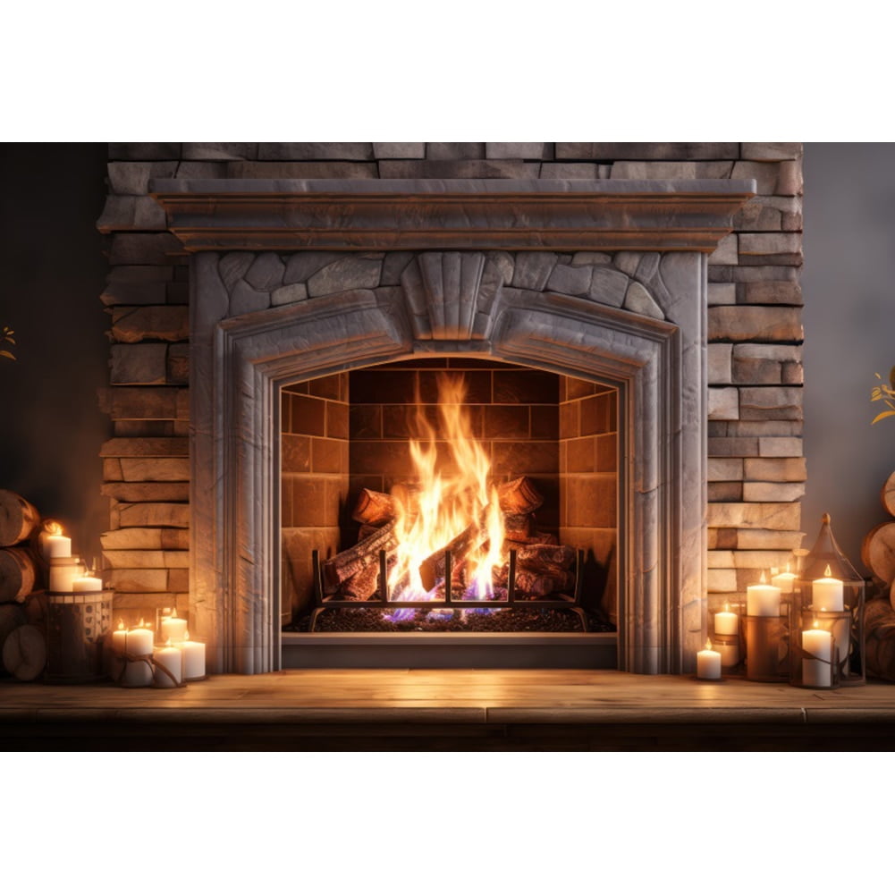 Fireplace Photo Backdrop Burning Fire Gray White Brick Wall Poster ...